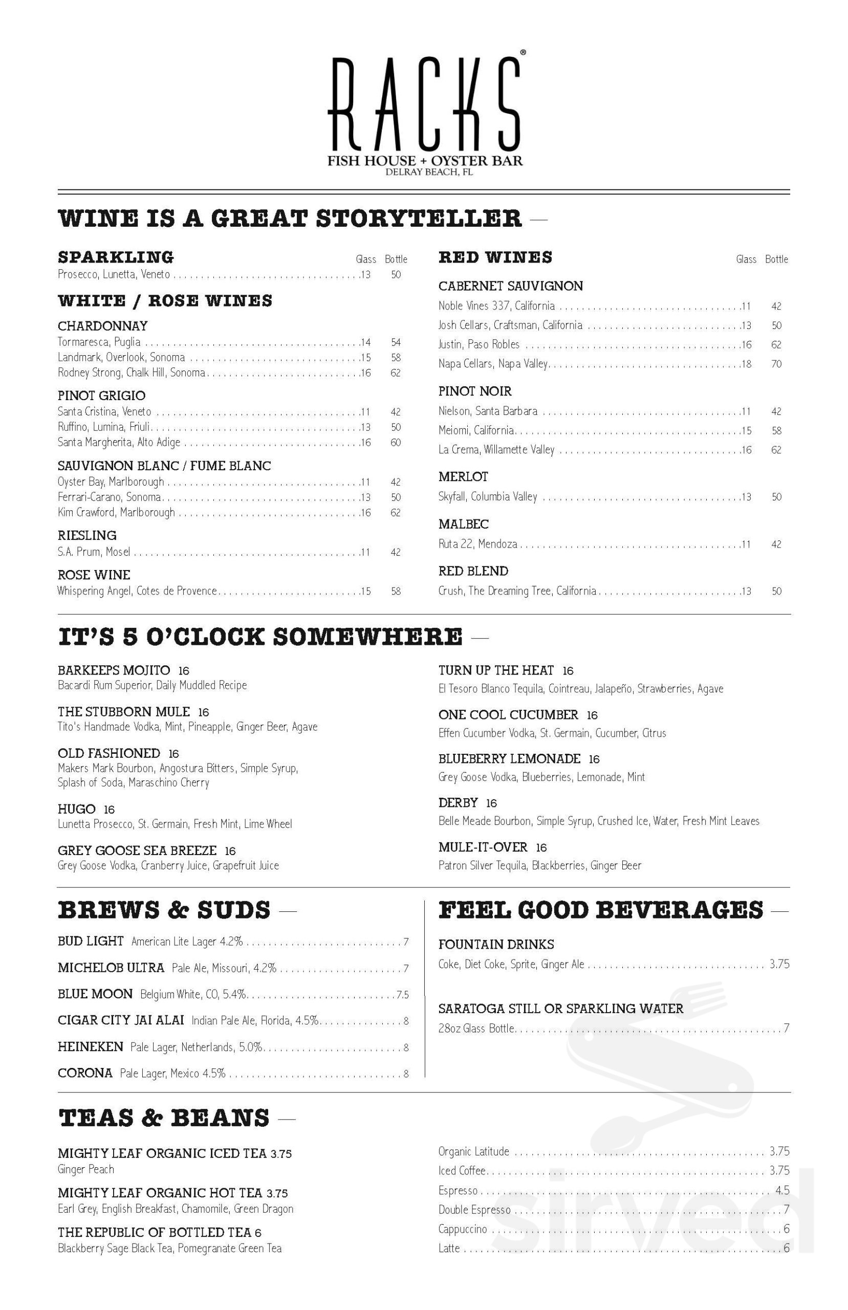 Menu for RACKS Fish House & Oyster Bar in Delray Beach, FL | Sirved