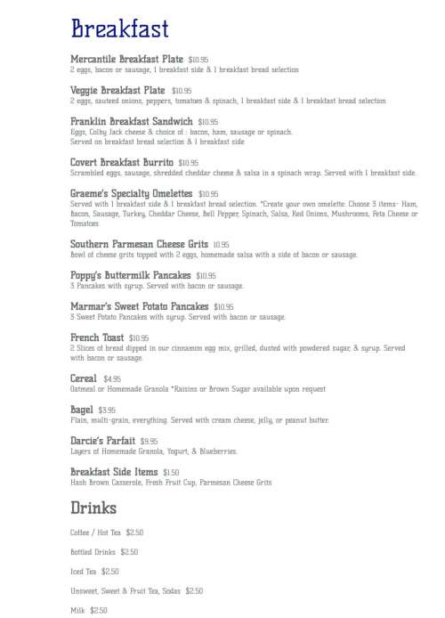 Franklin Mercantile menu in Franklin, Tennessee, USA