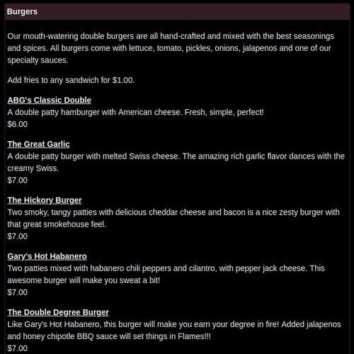 ABG's Bar menu in Provo, Utah, USA