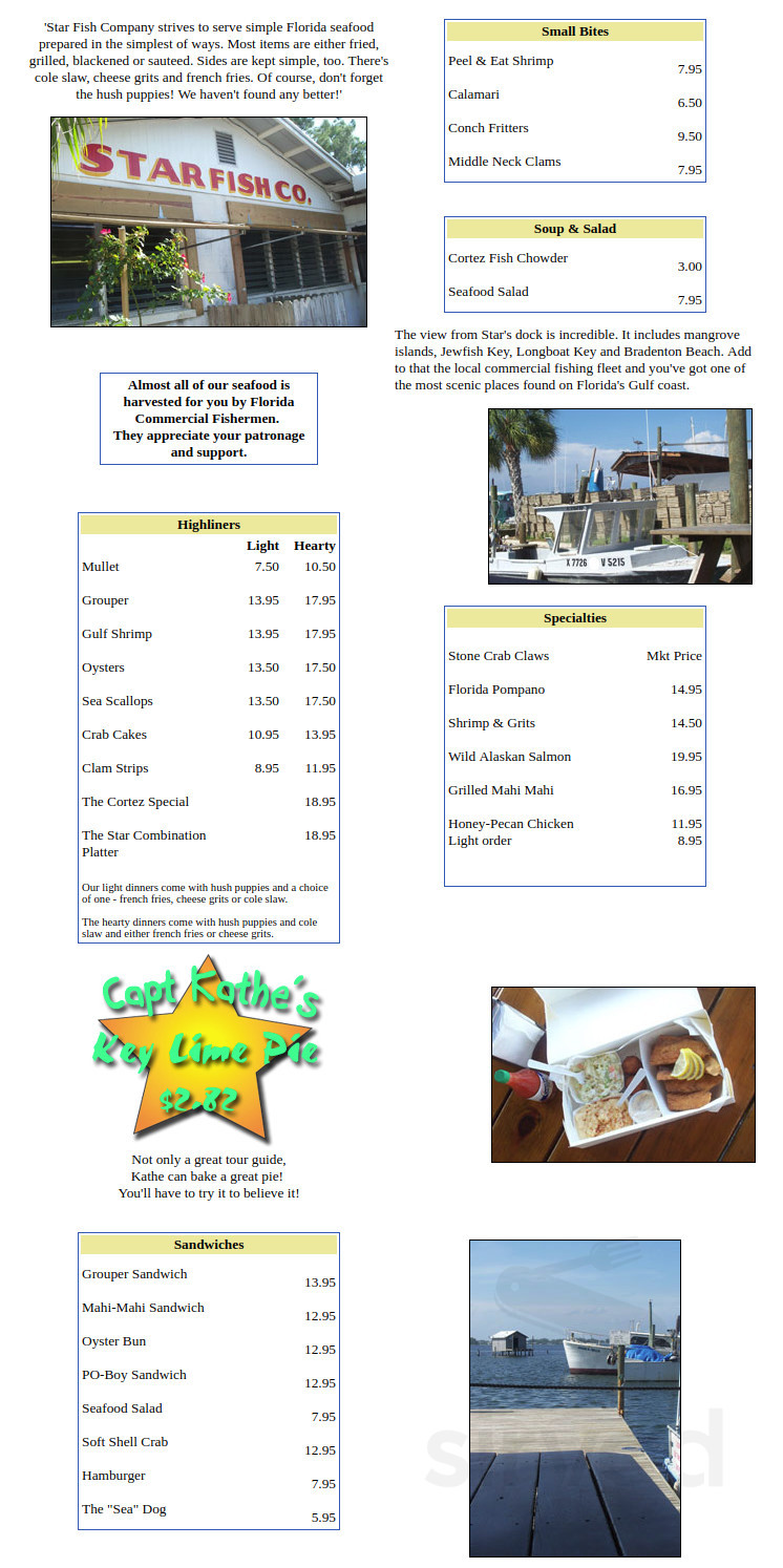 Star Fish Company menu in Cortez, Florida, USA