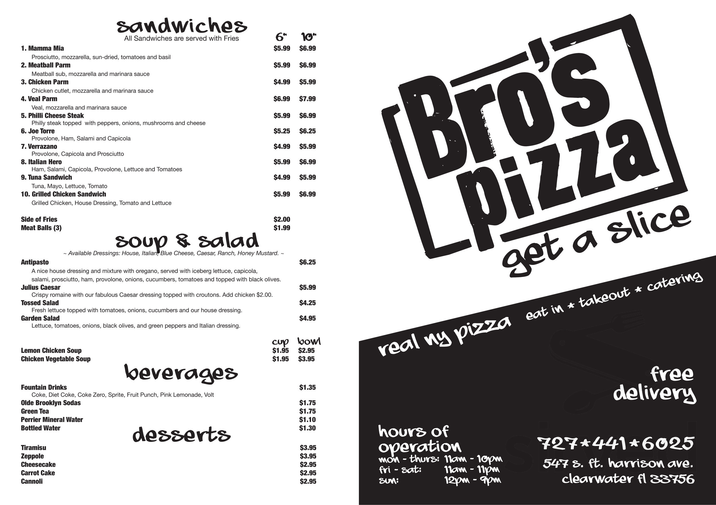 Bros Pizzeria menu in Clearwater, Florida, USA