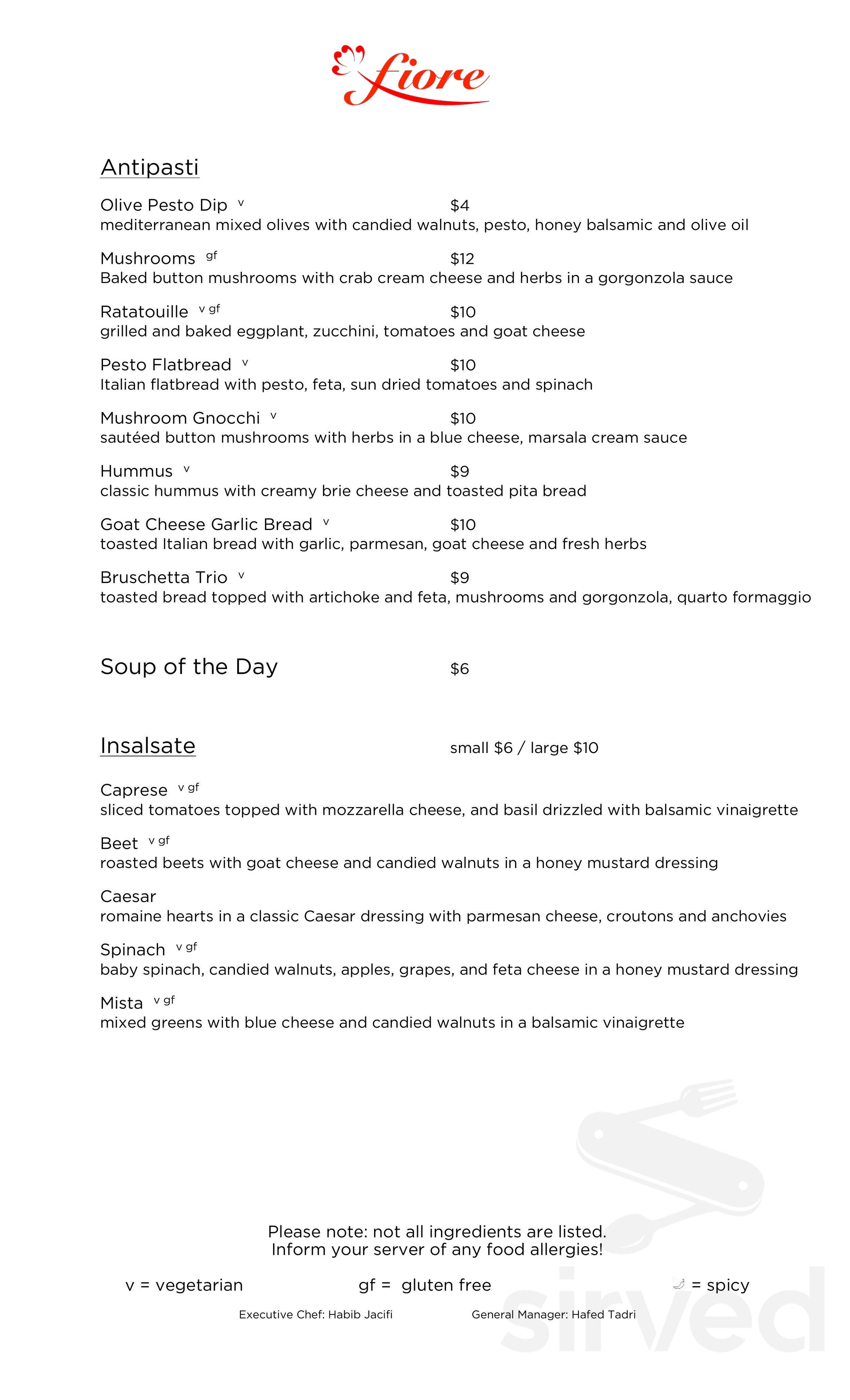 Fiore menu in Concord, California, USA