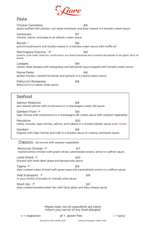 Fiore menu in Concord, California, USA