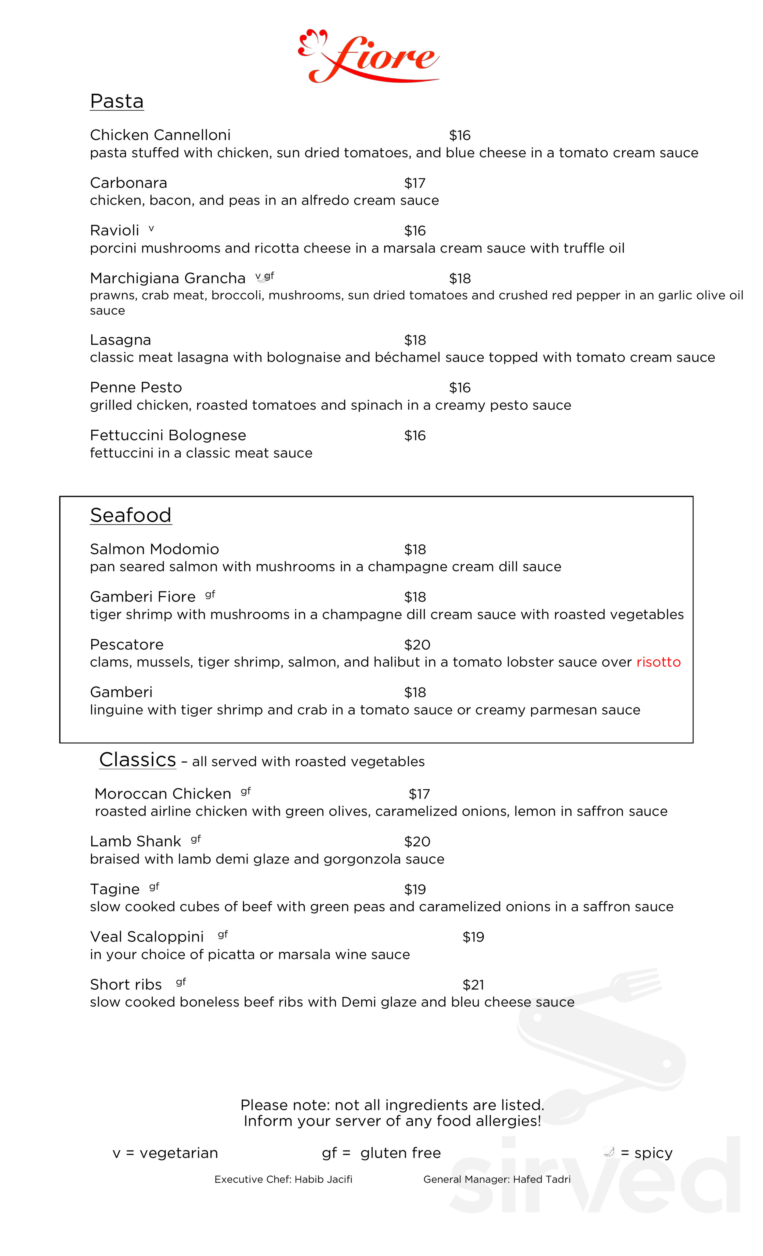 Fiore menu in Concord, California, USA