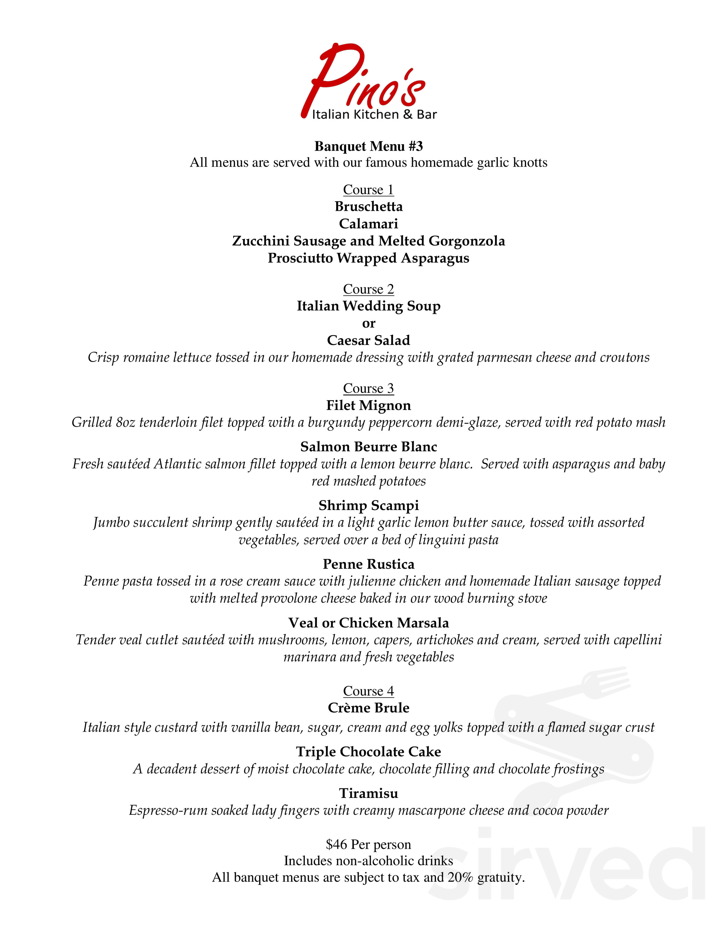 Menu - Castle Pines CO's Pino's Italian Kitchen & Bar | Sirved