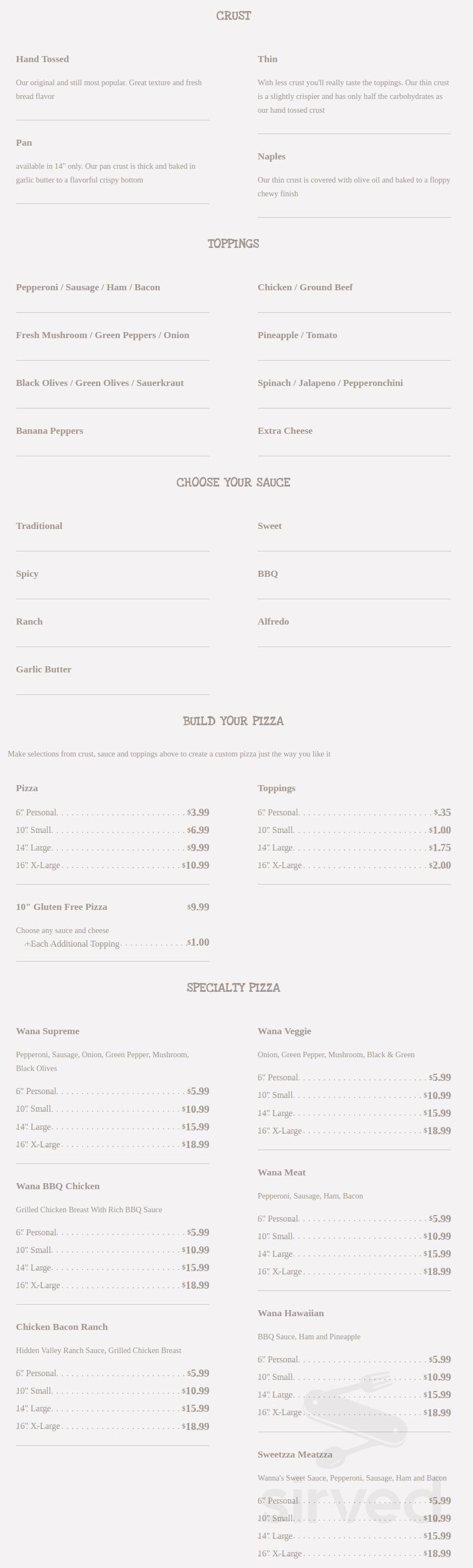 Menu for Wana Pizza in La Porte, IN | Sirved