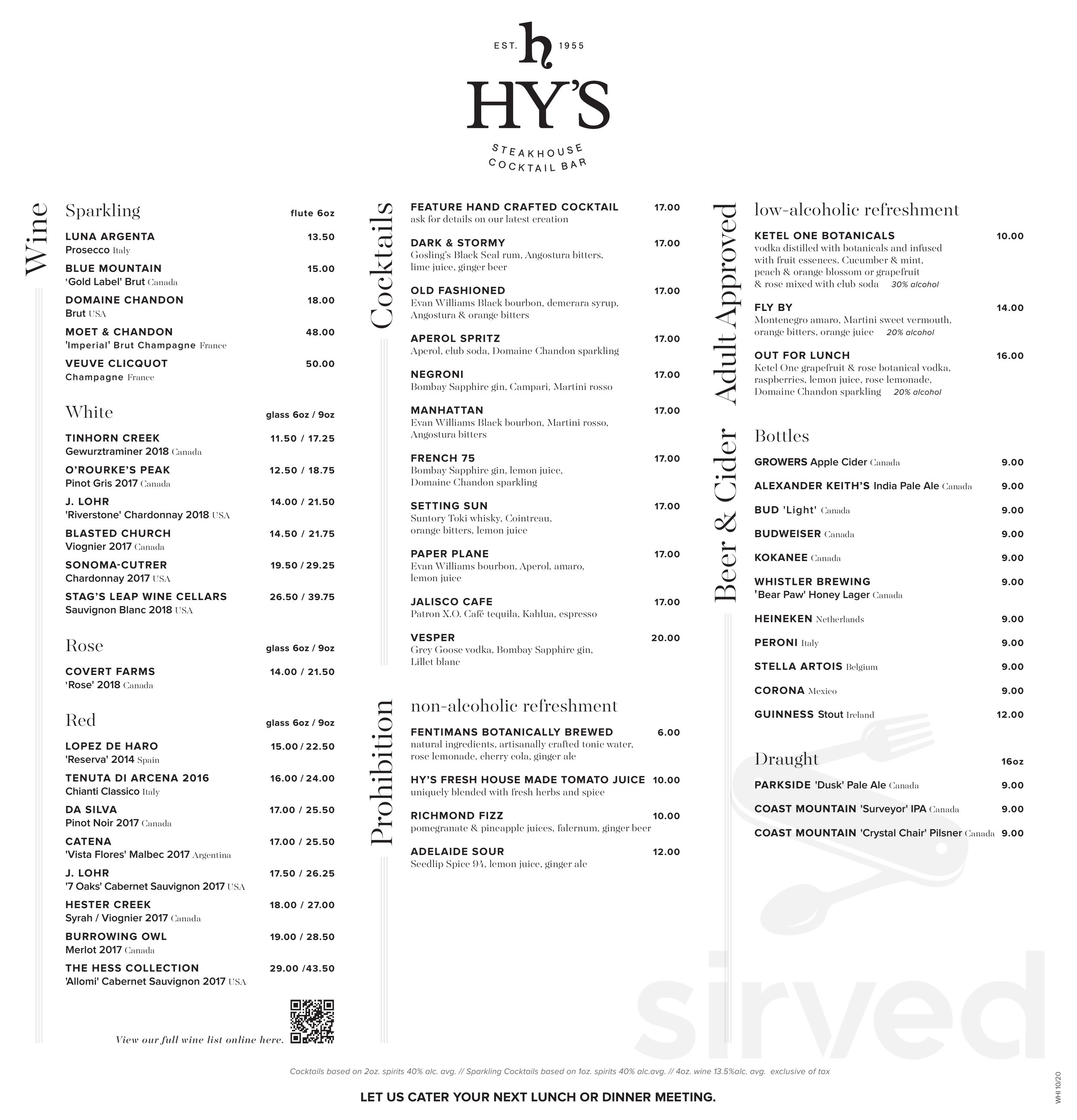 Menu for Hy's Steakhouse and Cocktail Bar in Winnipeg, MB | Sirved