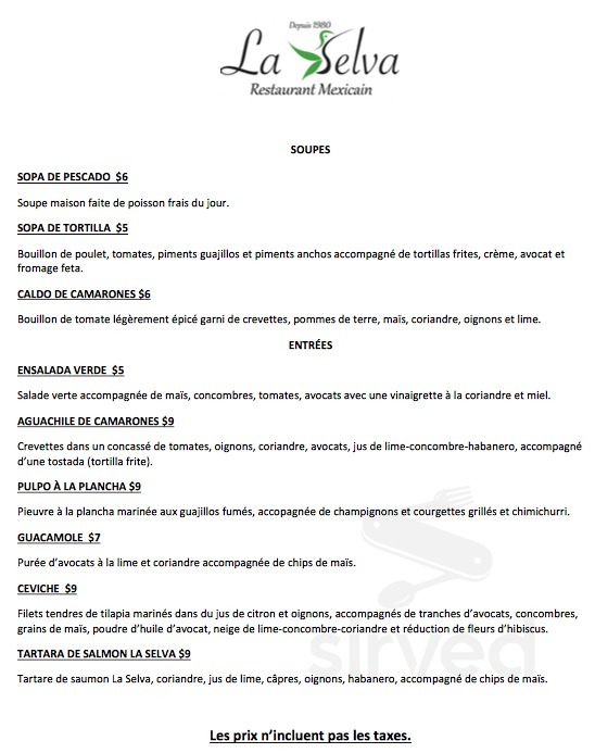 La Selva restaurant mexicain menu in Montreal, Quebec H2J 2A9, Canada