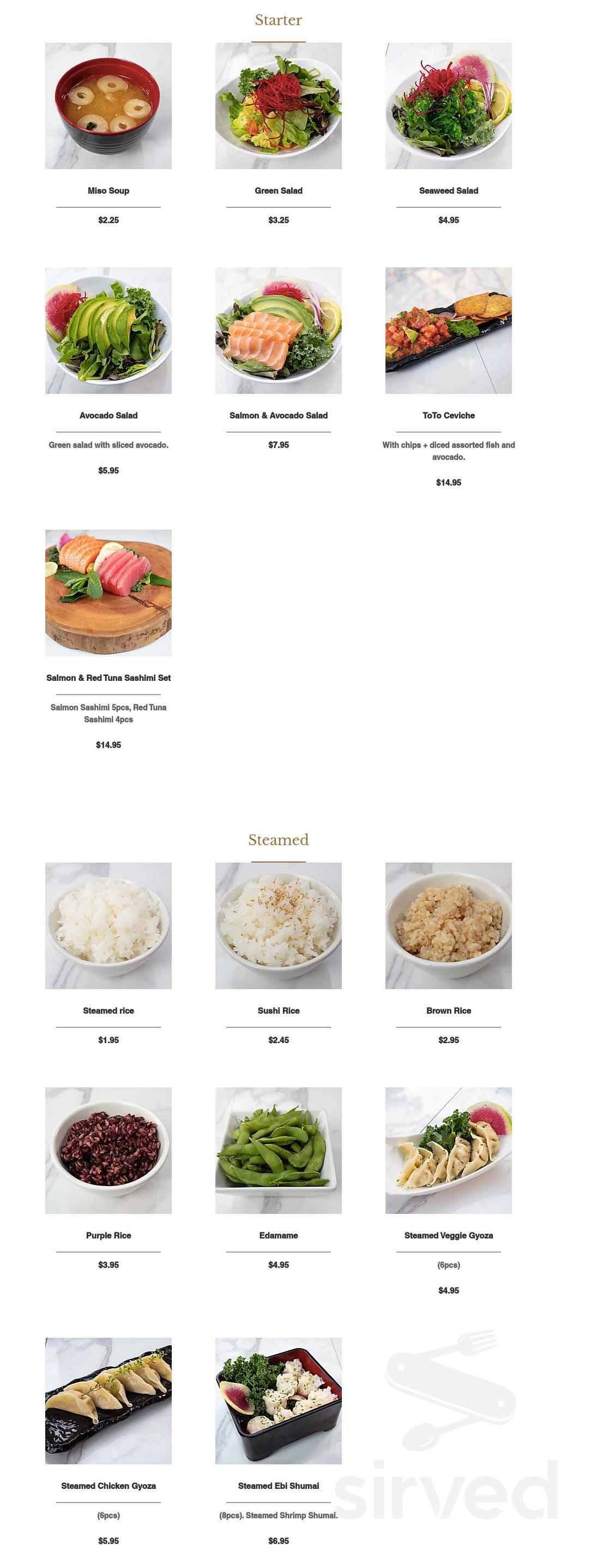 toto sushi menu in Toronto, Ontario, Canada