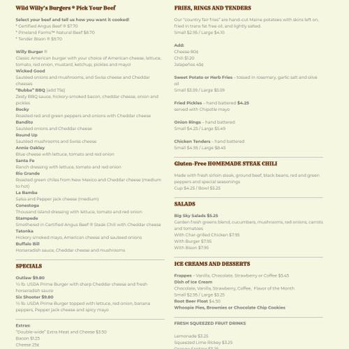Wild Willy's Burgers menu in Rochester, New Hampshire, USA