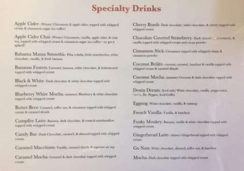 Main Brew Coffee menu in Fort Walton Beach, Florida, USA