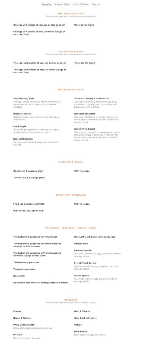 Reececliff Family Diner menu in Lakeland, Florida, USA