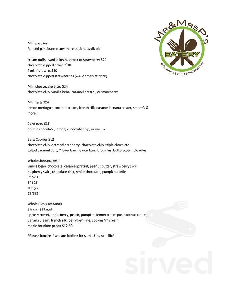 Mr. and Mrs. P's Eatery menus in Ripon, Wisconsin, United States