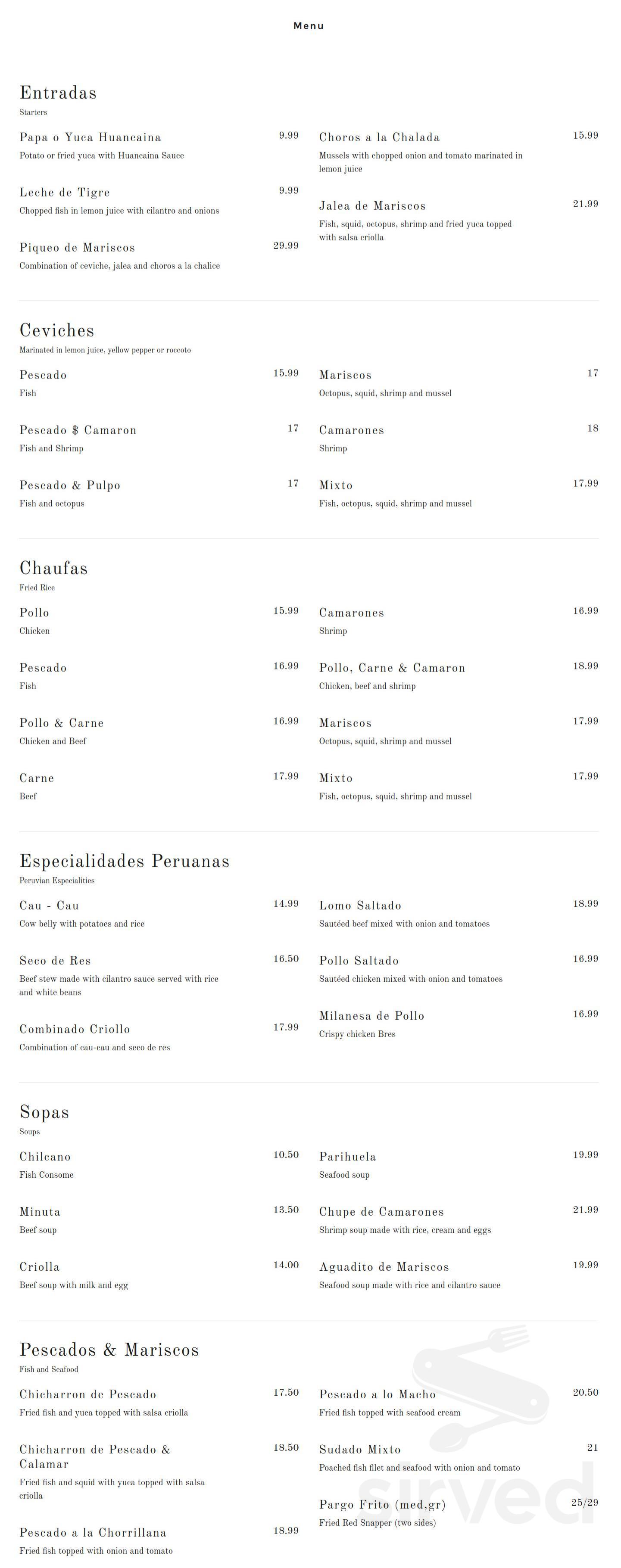 Chimu Peruvian Cuisine menus in Doral, Florida, United States