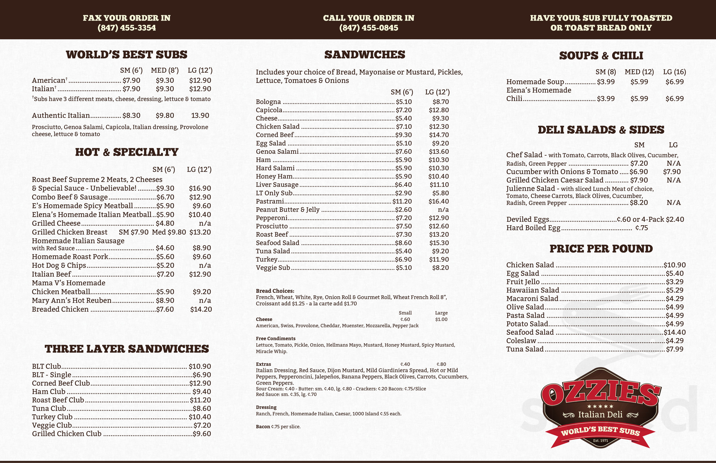 Ozzie's Deli menu in Melrose Park, Illinois, USA