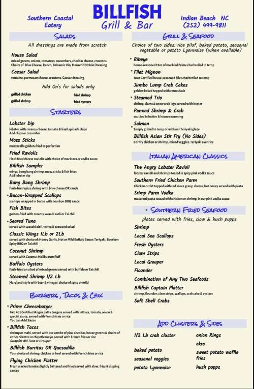 BILLFISH Grill & Bar menu in Indian Beach, North Carolina, USA