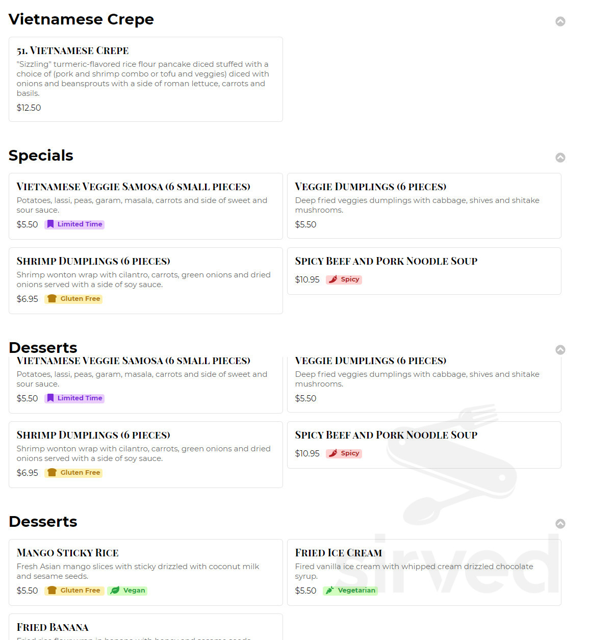 Pho Capital menu in Montpelier, Vermont, USA