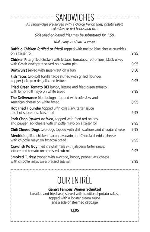 Gene's Haufbrau menu in Charleston, South Carolina, USA