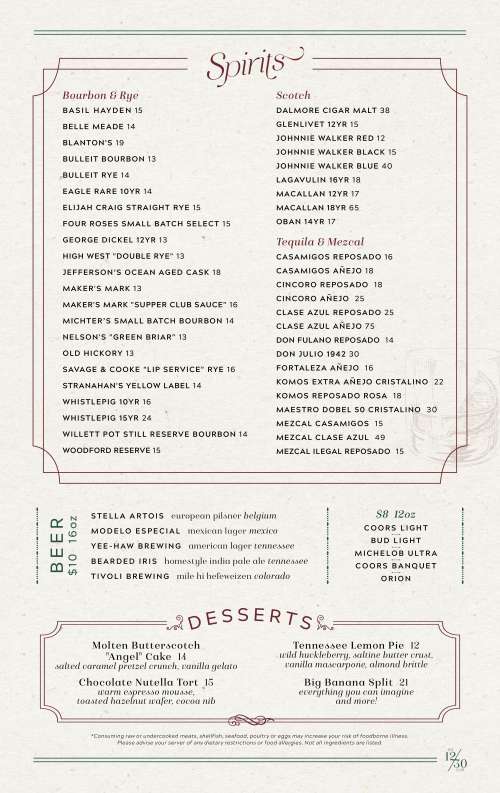 The Twelve Thirty Club menu in Nashville, Tennessee, USA
