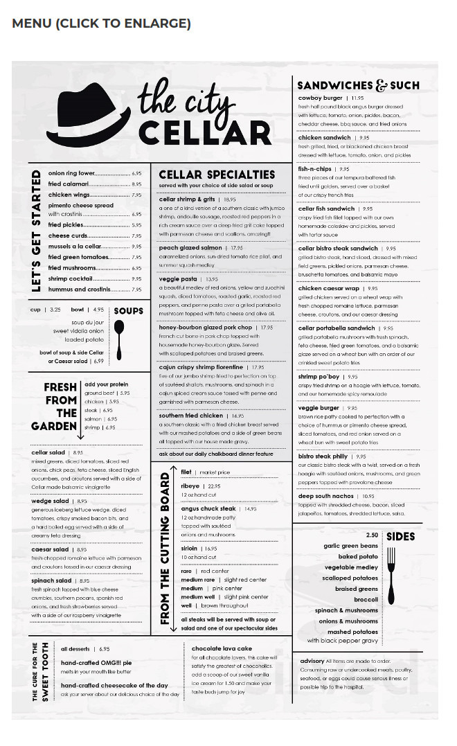 Menu for The City Cellar and Loft in Cartersville, GA | Sirved