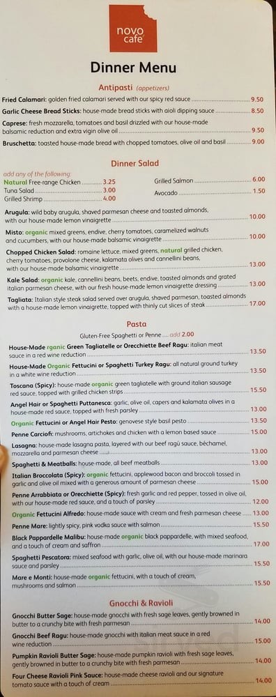 Novo Cafe menu in Westlake Village, California, USA