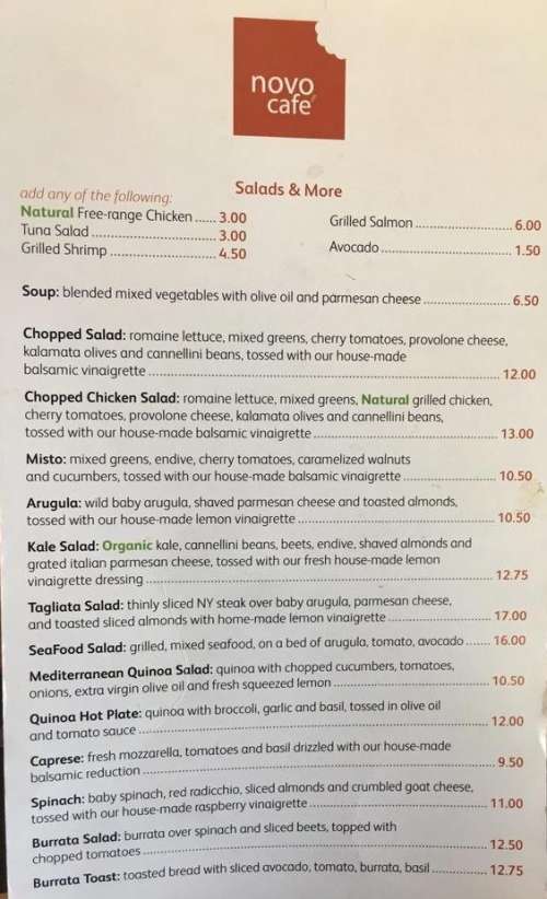 Novo Cafe menu in Westlake Village, California, USA