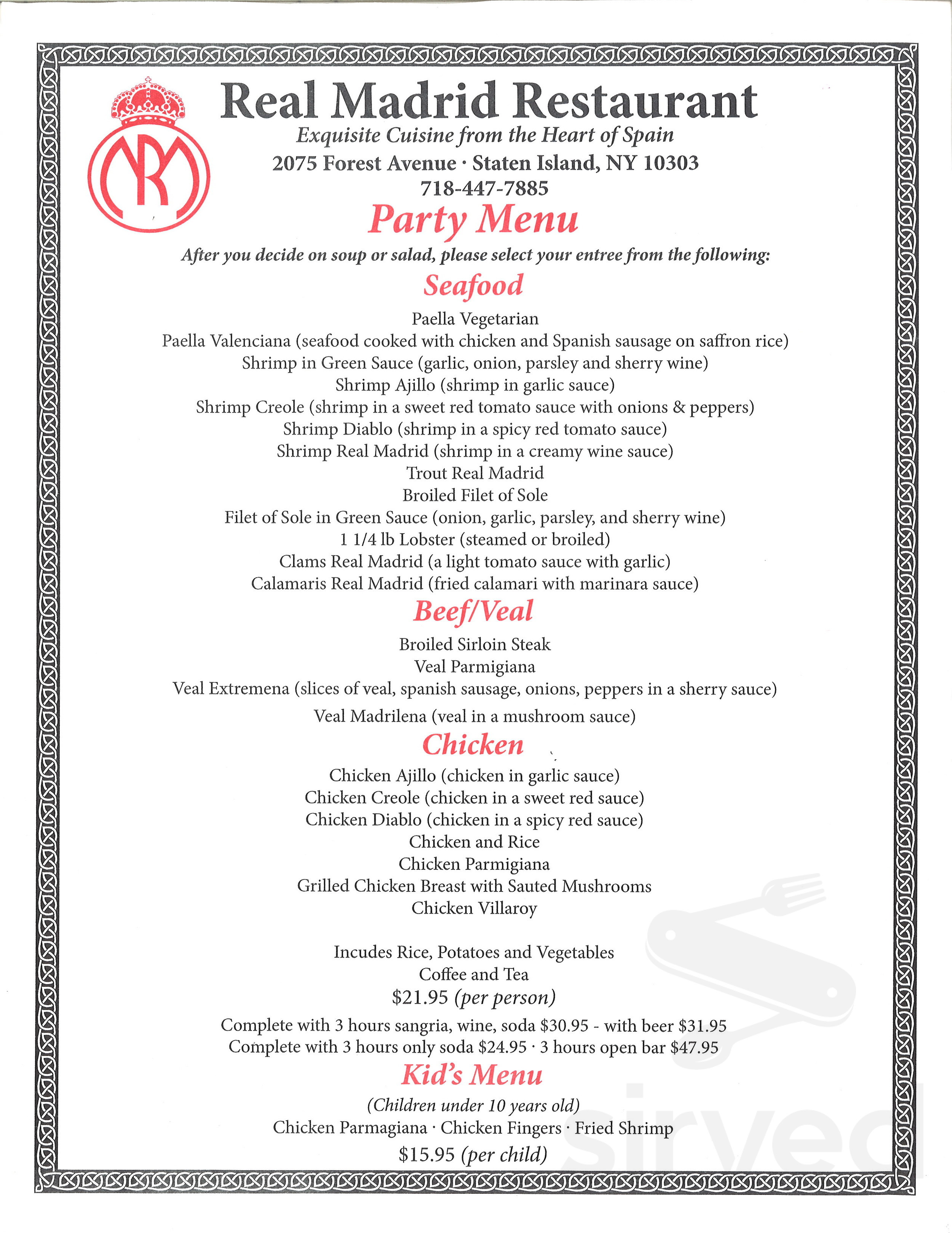 Real Madrid menu in Staten Island, New York, USA