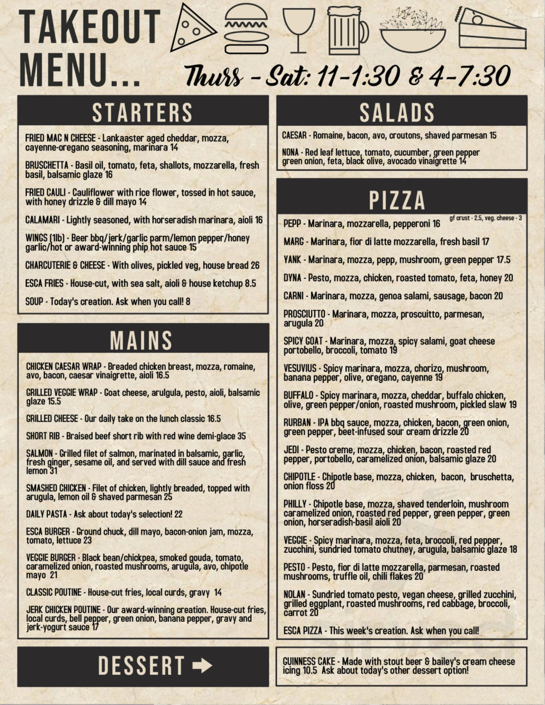 Menu for Esca Gourmet Pizza + Bar in Cornwall, ON | Sirved