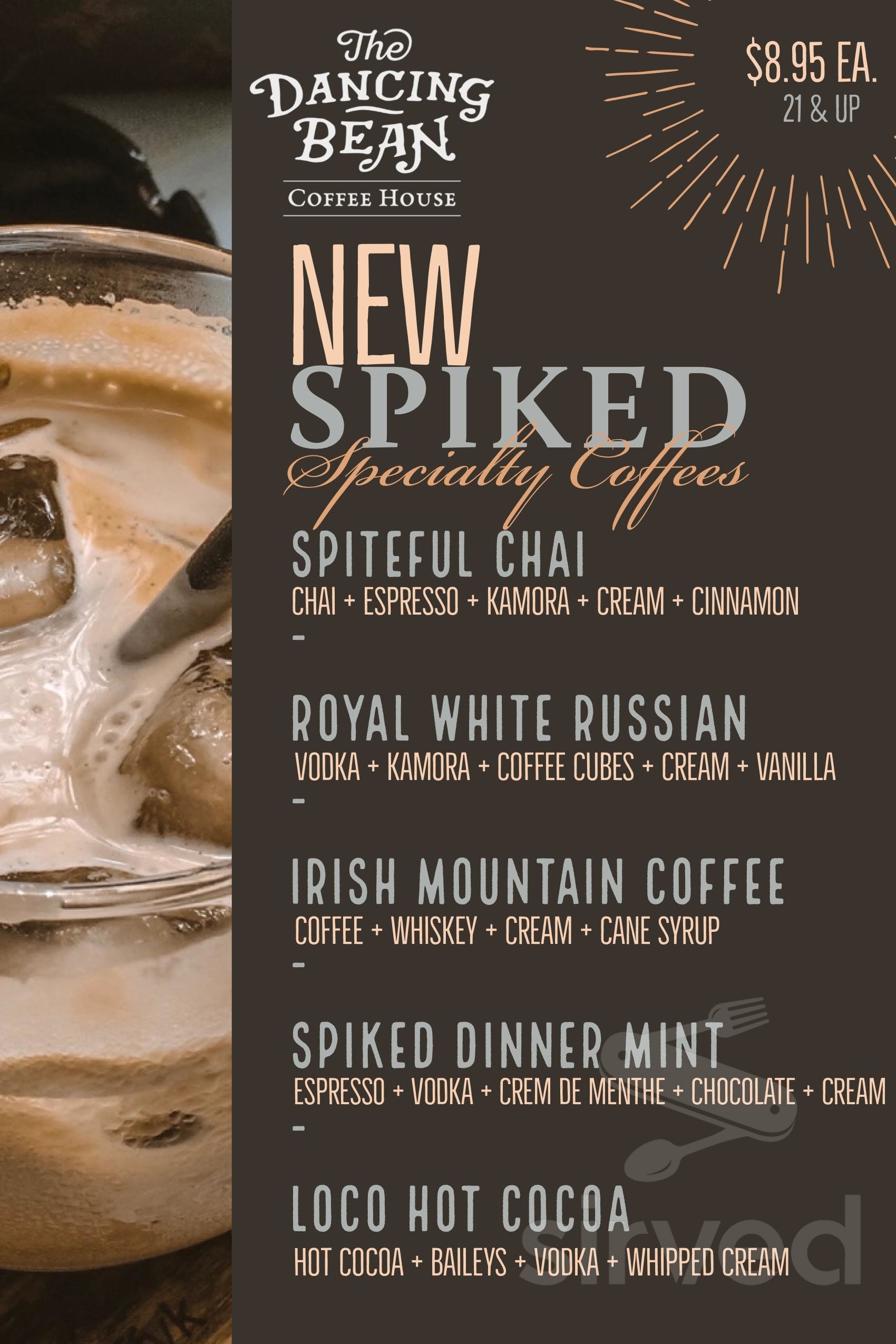 The Dancing Bean menu in Townsend, Tennessee, USA