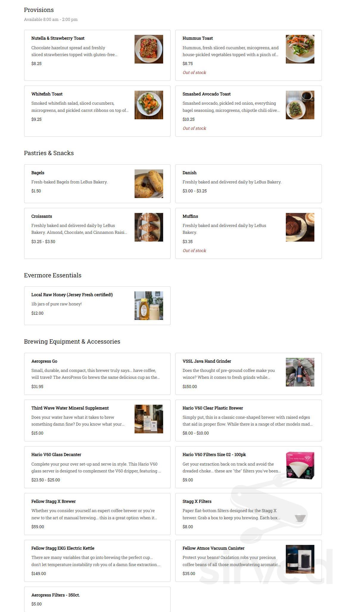 Menu for Evermore Coffee Roasters in Burlington, NJ | Sirved