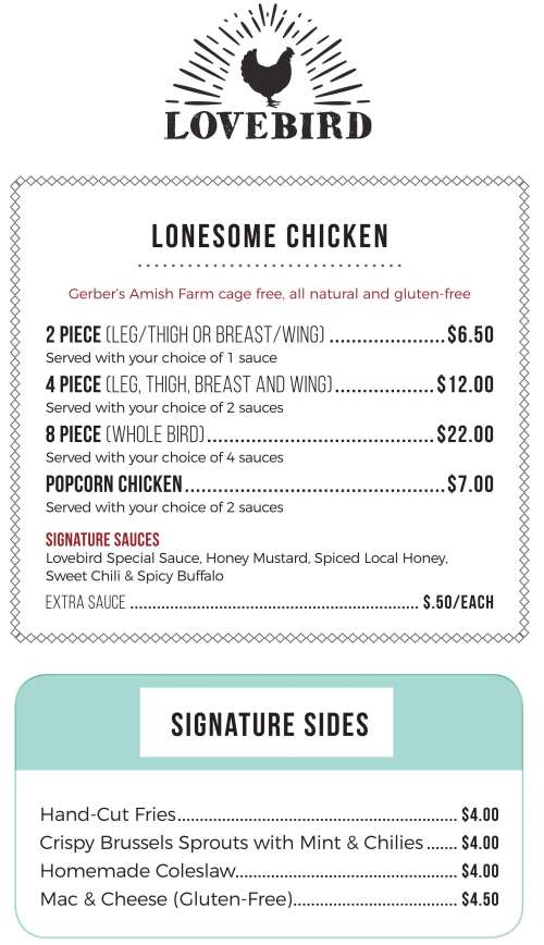 Lovebird menu in Newtown, Pennsylvania, USA