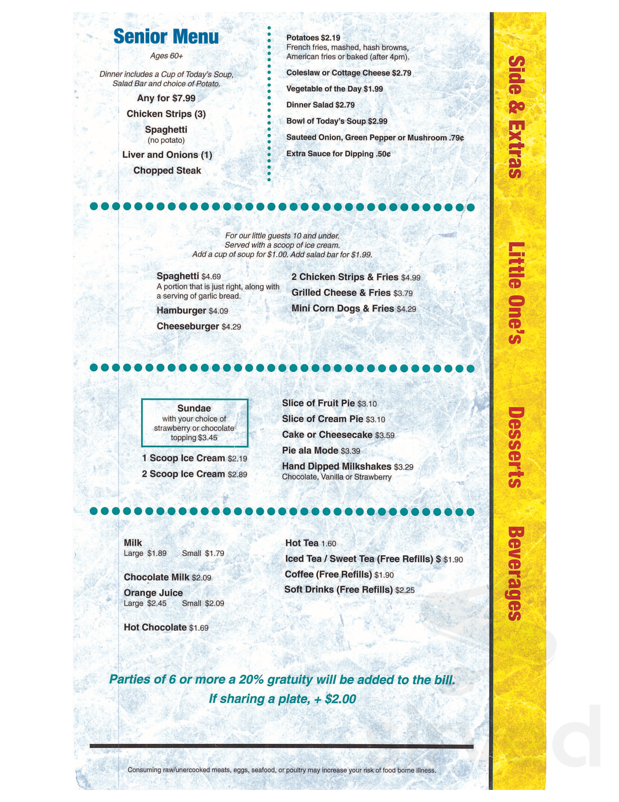 Diner 24 menu in Fairbury, Illinois, USA