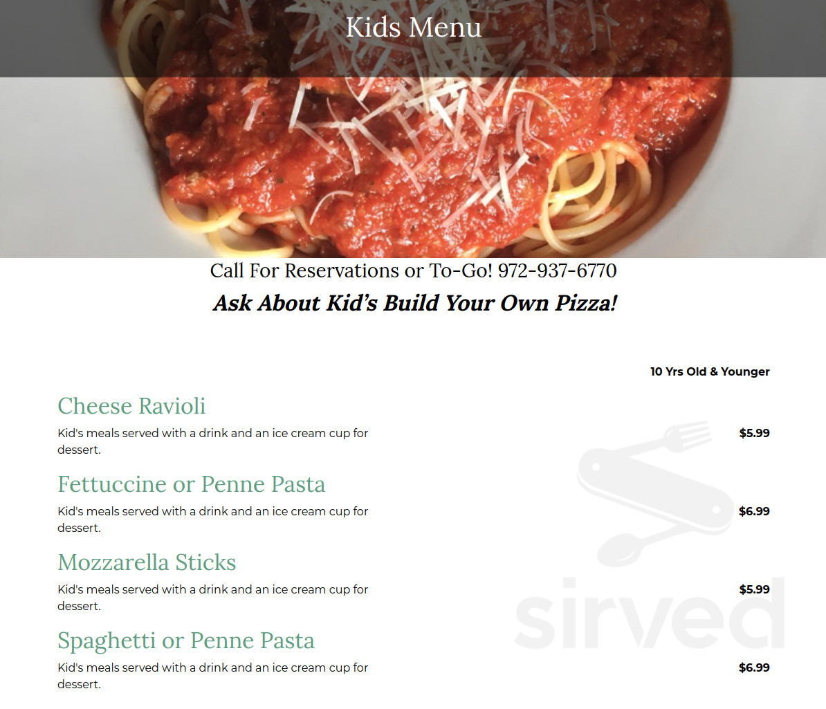 Tuscan Slice menu in Waxahachie, Texas, USA