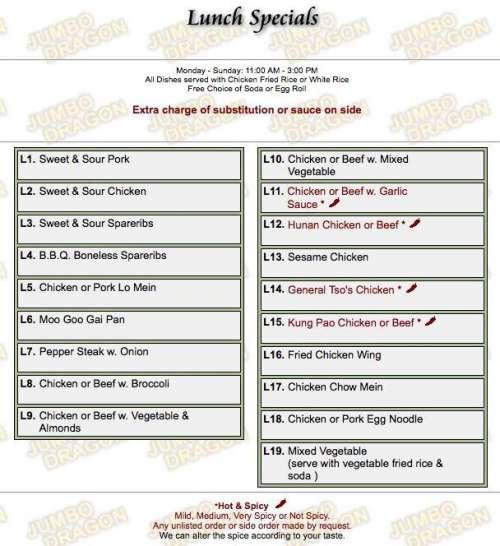 Jumbo Dragon Chinese Restaurant menu in Brantford, Ontario, Canada