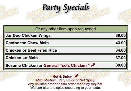 Jumbo Dragon Chinese Restaurant menu in Brantford, Ontario, Canada
