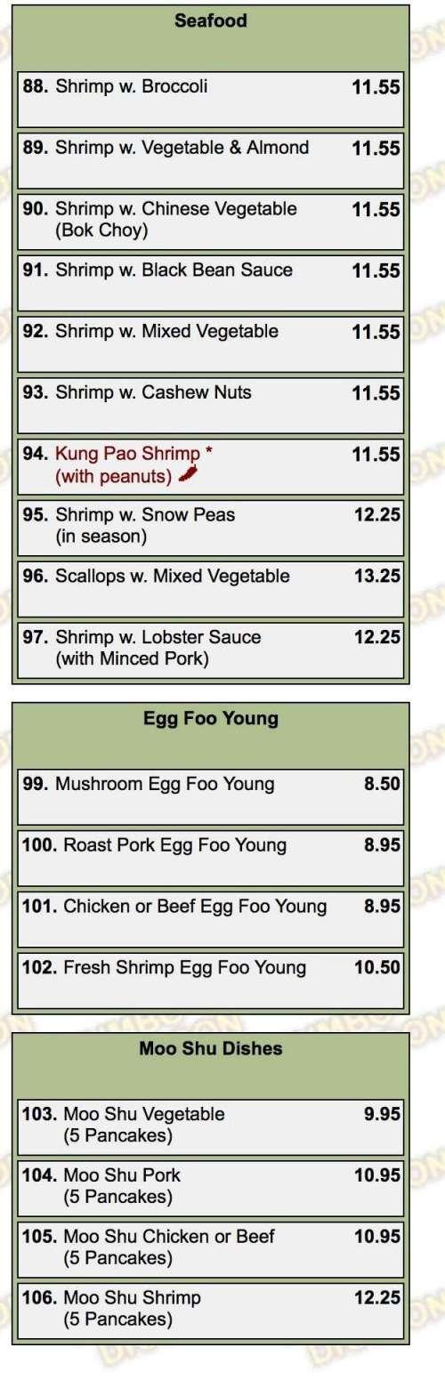 Jumbo Dragon Chinese Restaurant menu in Brantford, Ontario, Canada