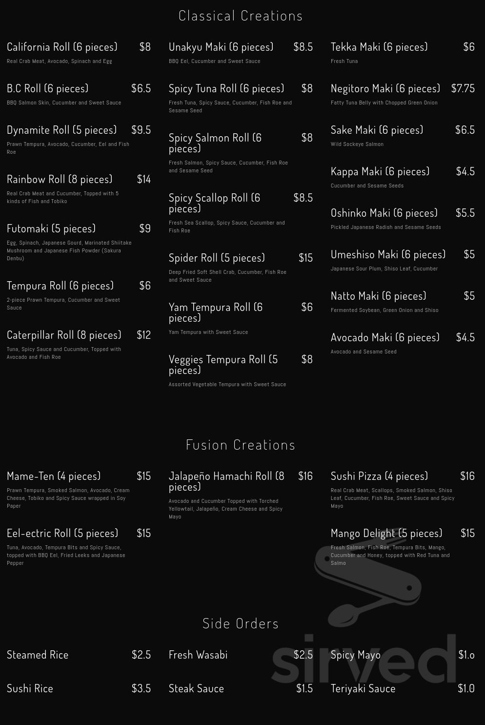 Fudo Japanese Restaurant menu in Victoria, British Columbia, Canada