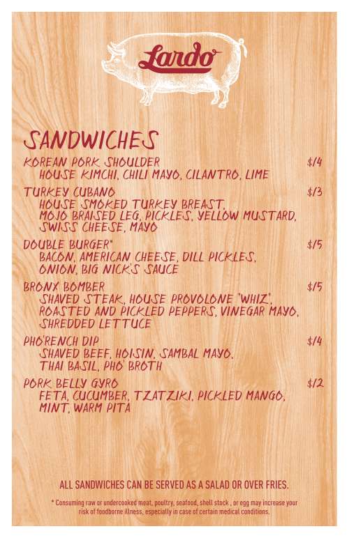 Lardo menu in Las Vegas, Nevada, USA