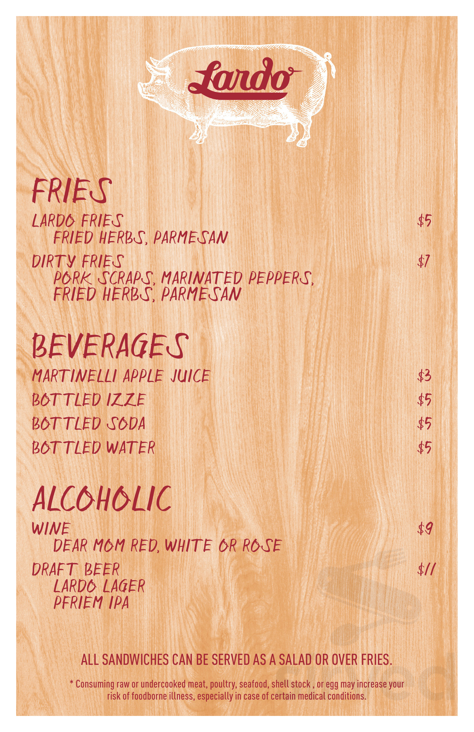 Lardo menu in Las Vegas, Nevada, USA