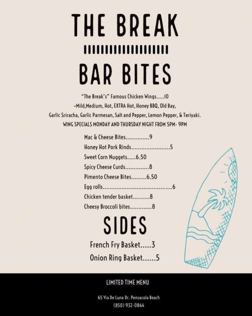 The Break Beach Bar menu in Pensacola Beach, Florida, USA