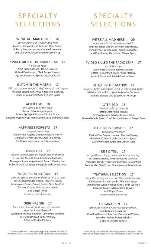 The Chandelier menu in Las Vegas, Nevada, USA