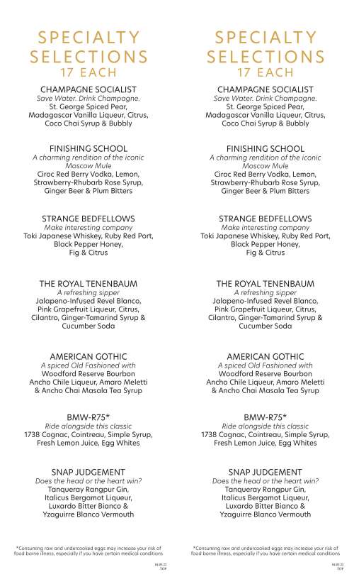 The Chandelier menu in Las Vegas, Nevada, USA