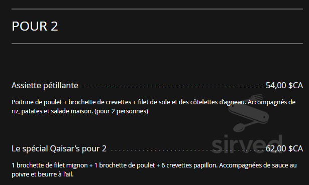 Restaurant Qaisar's menu in Saint-Georges, Quebec G5Y 2C8, Canada