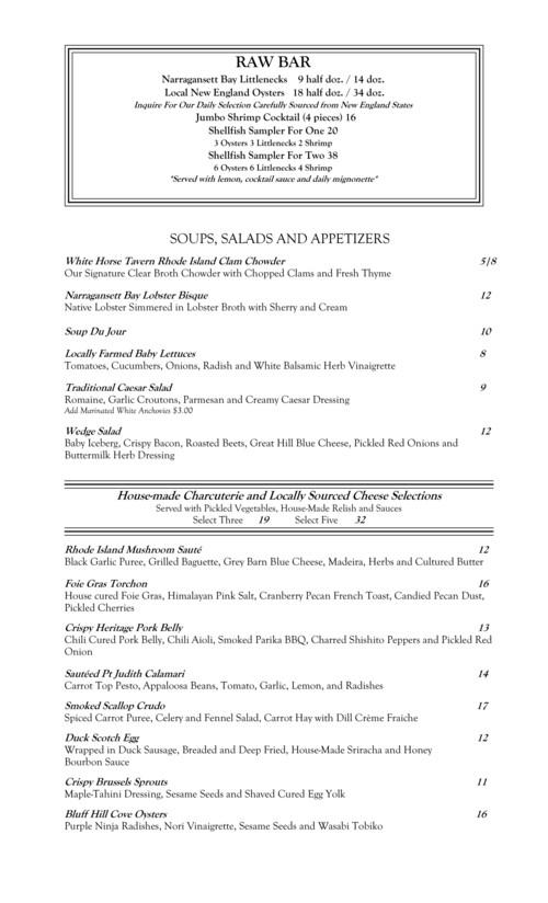 White Horse Tavern menu in Newport, Rhode Island, USA