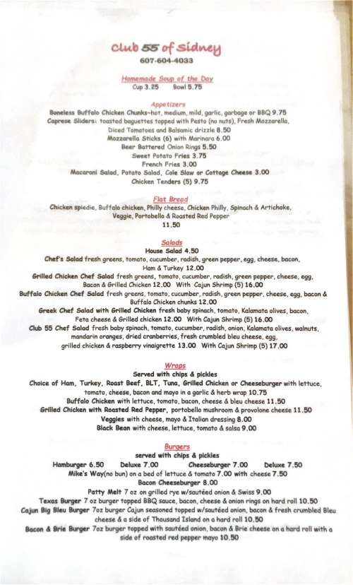 Club 55 menu in Sidney, New York, USA