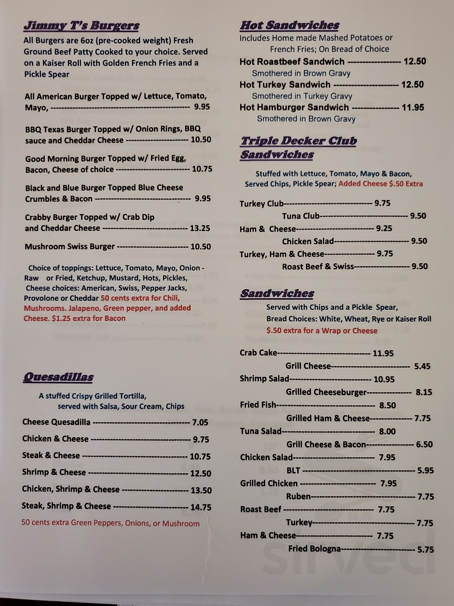 Jimmy T's Restaurant menu in Baltimore, Maryland, USA