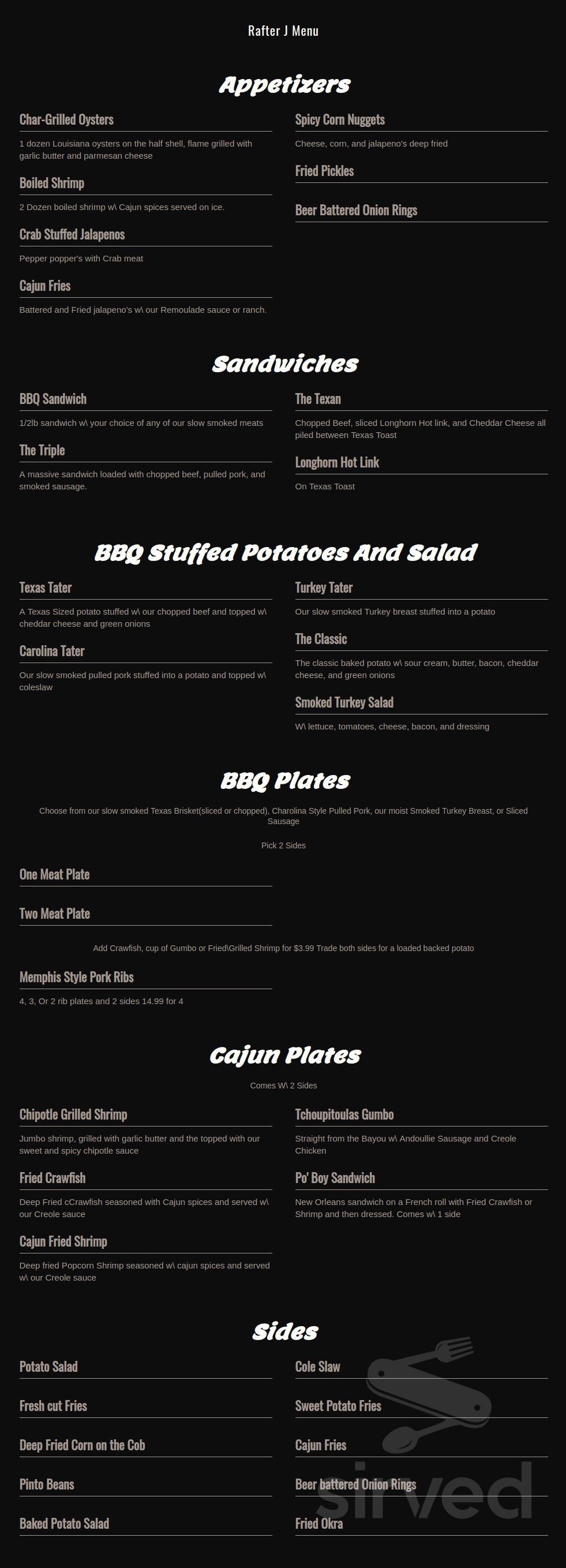 Menu for Rafter J BBQ and Cajun Eats in Iowa Park, TX | Sirved