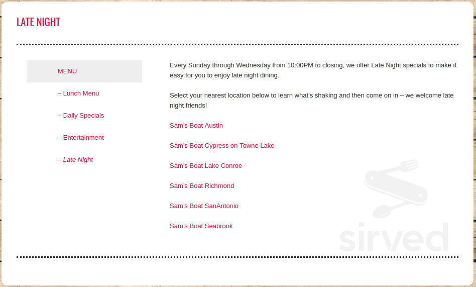 Sam's Boat menu in Cypress, Texas, USA