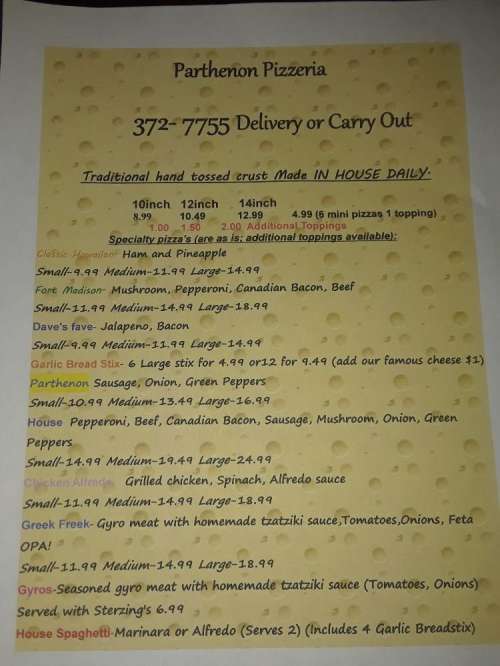 Parthenon Pizzeria menu in Fort Madison, Iowa, USA