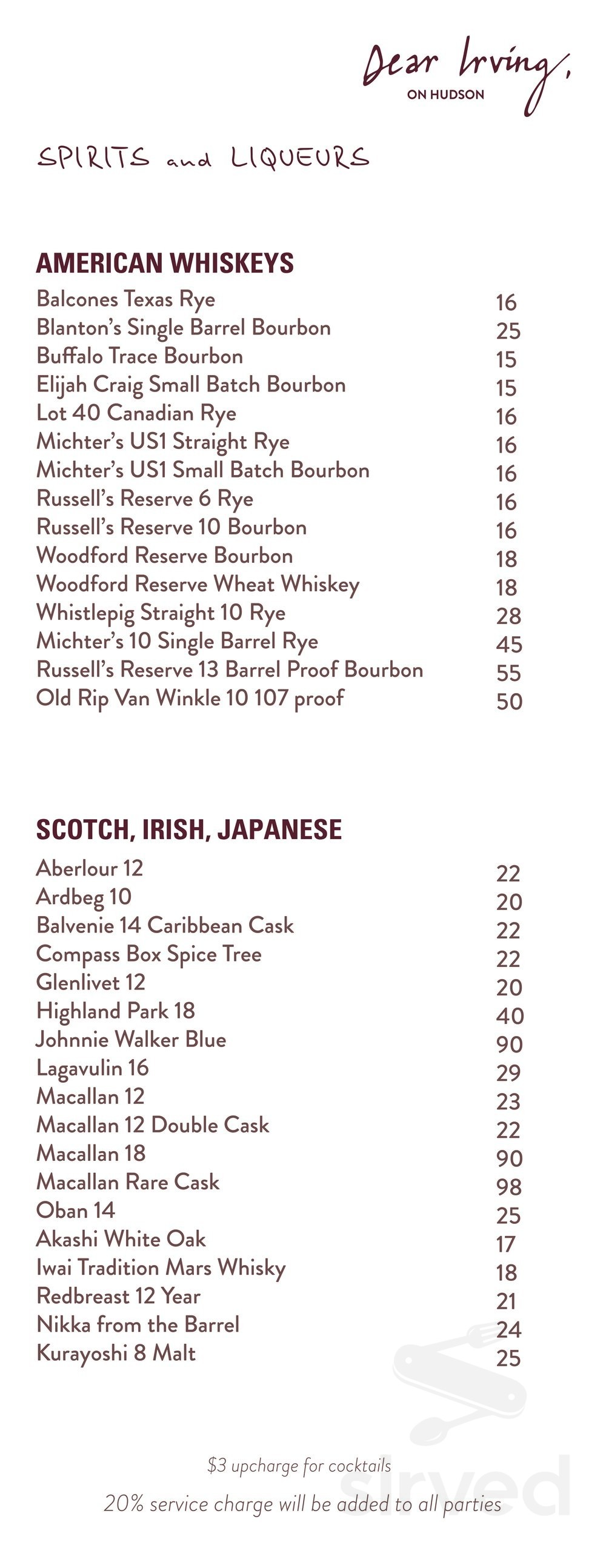 Dear Irving on Hudson Rooftop Bar menu in New York, New York, USA